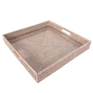 ARTIFACTS TRADING COMPANY™ Artifacts Rattan Square Serving Ottoman Trays With Glass Insert - White Wash