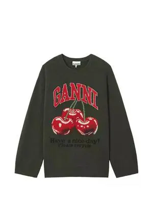 GANNI Cherry-print Knitted Sweater - Green