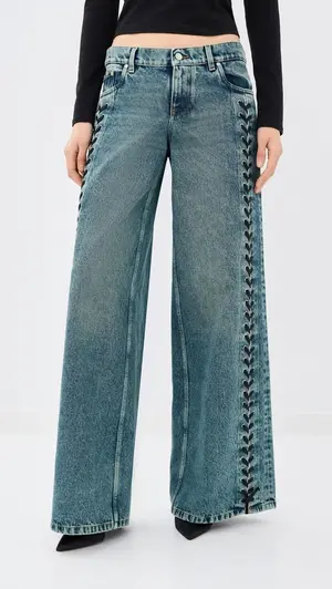 Stella McCartney Laced Denim Wide Leg Jeans - Mid Blue