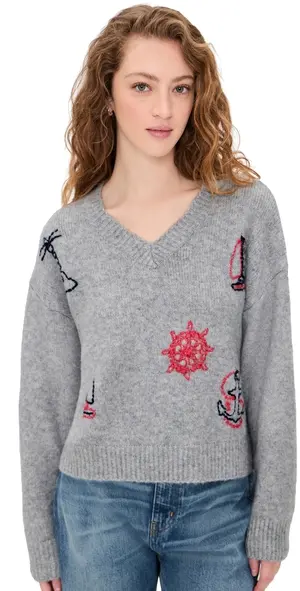 BAILEY ROSE Embroidered Nautical V-neck Pullover