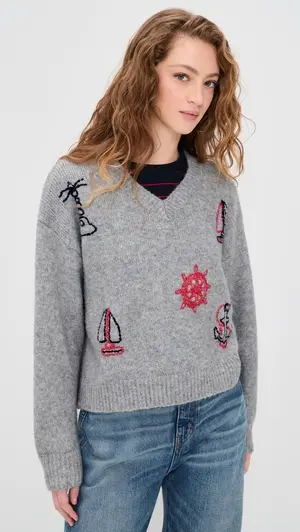 BAILEY ROSE Embroidered Nautical V-neck Pullover