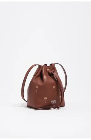 Bimba Y Lola Small Palms Print Leather Carlino Bucket Bag - Nut