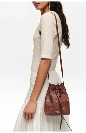 Bimba Y Lola Small Palms Print Leather Carlino Bucket Bag - Nut