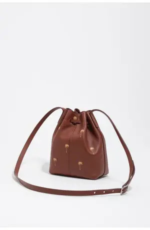 Bimba Y Lola Small Palms Print Leather Carlino Bucket Bag - Nut