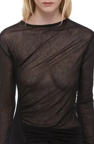 Helmut Lang Ruched Asymmetric Hem Cotton Top - Black