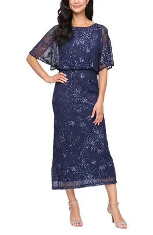 SL FASHIONS Sequin Blouson Bodice Gown Navy