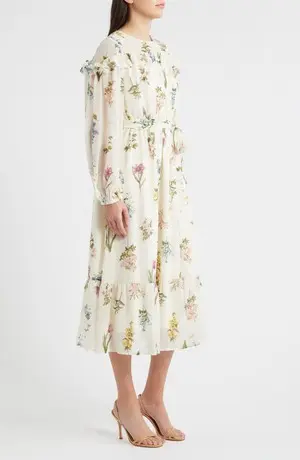 ZOE AND CLAIRE Printed Ruffle Chiffon Midi Dress