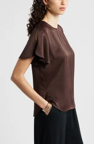 Nordstrom Flutter Sleeve Satin Top - Brown Coffee