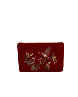 FABLE ENGLAND Robin Love Embroidered Medium Pouch - Ruby Red