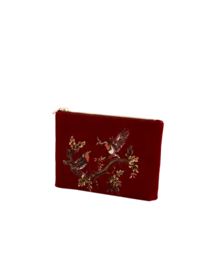 FABLE ENGLAND Robin Love Embroidered Medium Pouch - Ruby Red