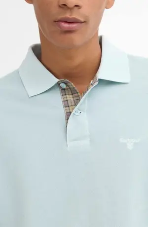 Barbour Tailored Fit Tartan Placket Cotton Piqué Polo - Washed Sky