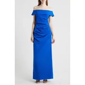 Vince Camuto Laguna Pleated Off-the-shoulder Gown - Cobalt