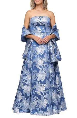 Alex Evenings Strapless Floral Jacquard Gown With Shawl
