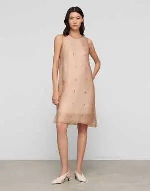 Lafayette 148 New York Hand Beaded Silk Organza Shift Dress - Brownstone