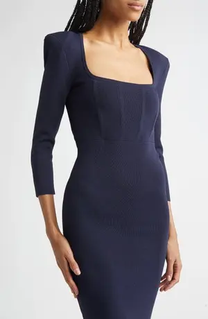 L'Agence Padded Shoulder Corset Knit Midi Dress
