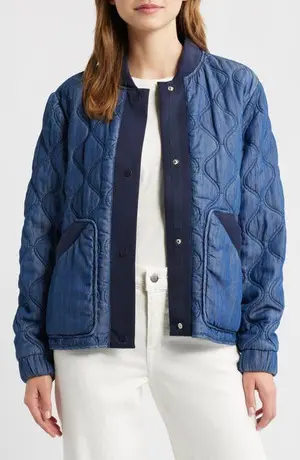 Bernardo Rib Trim Denim Quilted Liner Jacket - Denim Blue W Navy Scuba