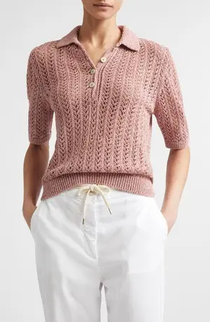 Eleventy Open Stitch Cotton & Linen Blend Polo - 174 Raspberry