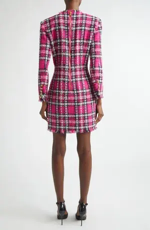 Balmain Long Sleeve Fringe Tweed Sheath Dress