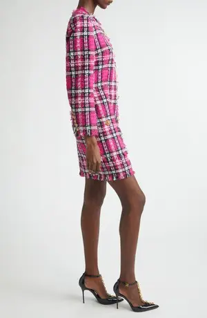 Balmain Long Sleeve Fringe Tweed Sheath Dress