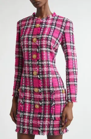 Balmain Long Sleeve Fringe Tweed Sheath Dress