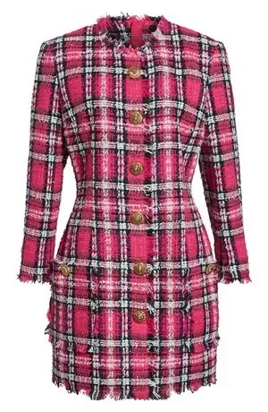 Balmain Long Sleeve Fringe Tweed Sheath Dress