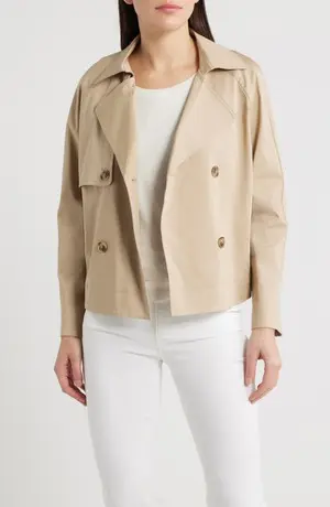 Anne Klein Short Double Breasted Cotton Blend Trench Coat - Ak Khaki