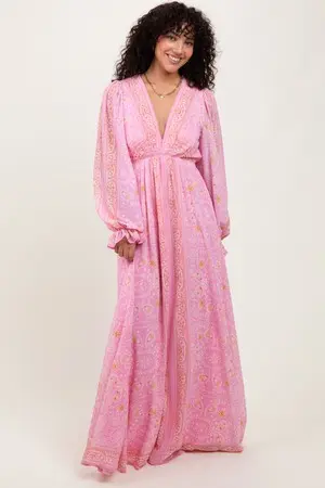 PINKBLUSH Paisley V-neck Maxi Dress - Pink