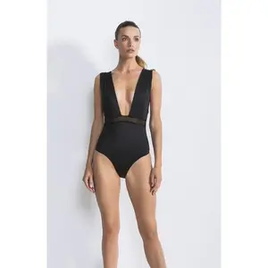 NESSI BYRD Plunging V-neck One-piece Swimsuit With Sheer Mesh Waistband - Black