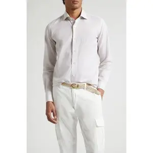 Eleventy Dandy Collar Stripe Cotton & Linen Button-up Shirt - Sand
