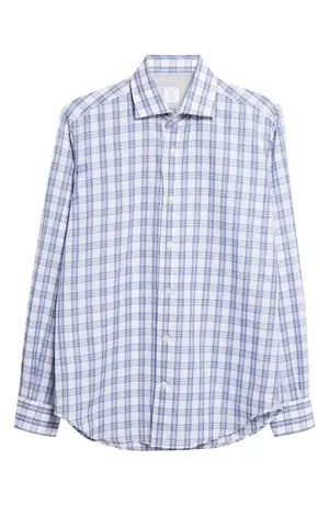 Eleventy Dandy Collar Check Cotton & Linen Button-up Shirt - 08 Denim