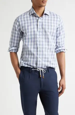 Eleventy Dandy Collar Check Cotton & Linen Button-up Shirt - 08 Denim