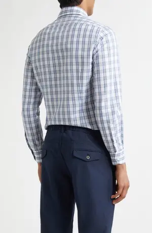 Eleventy Dandy Collar Check Cotton & Linen Button-up Shirt - 08 Denim