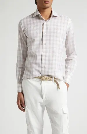 Eleventy Dandy Collar Check Cotton & Linen Button-up Shirt - Sand