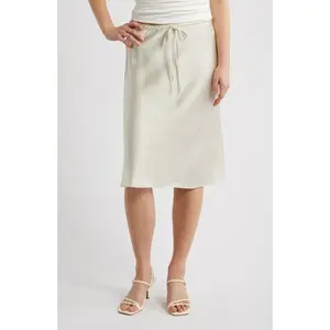OPEN EDIT Satin Drawstring Knee Length Skirt - Ivory Dove