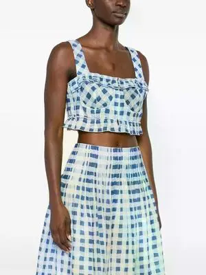 Sandro Gingham Ruffled Linen Crop Top - Blue