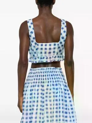 Sandro Gingham Ruffled Linen Crop Top - Blue