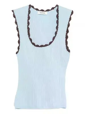 Sandro Sleeveless Ribbed Knit Top With Crochet Trim - Blue