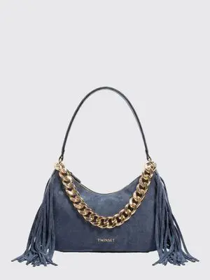 TWINSET Liliane Suede Fringed Bag With Metal Mesh Appliques - Navy
