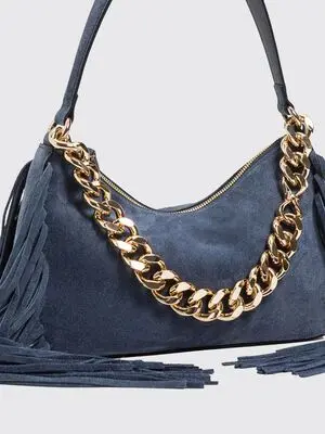 TWINSET Liliane Suede Fringed Bag With Metal Mesh Appliques - Navy