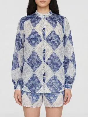 TWINSET Printed Ramie Mandarin Collar Long Sleeve Shirt