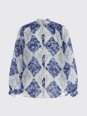 TWINSET Printed Ramie Mandarin Collar Long Sleeve Shirt