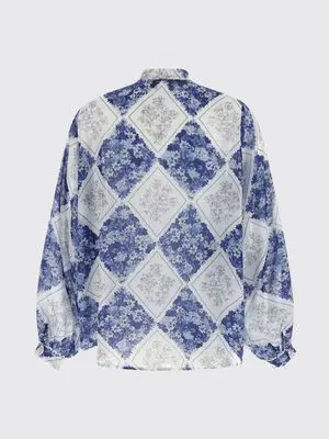 TWINSET Printed Ramie Mandarin Collar Long Sleeve Shirt
