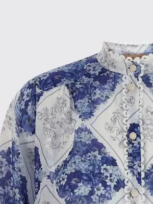 TWINSET Printed Ramie Mandarin Collar Long Sleeve Shirt