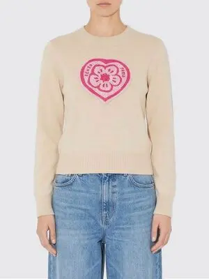 Kenzo Cotton And Wool Crew Neck Knit Top With Boke Heart Logo - Beige