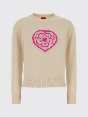 Kenzo Cotton And Wool Crew Neck Knit Top With Boke Heart Logo - Beige