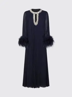 SELF-PORTRAIT Embellished Feather Cuff Pleated Chiffon Maxi Dress - Blue