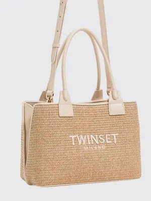 TWINSET Raffia Shoulder Bag With Embroidered Logo