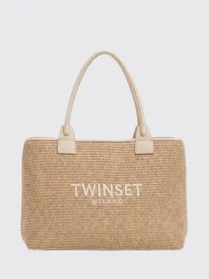 TWINSET Raffia Shopper Bag With Embroidered Logo - Sand