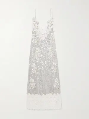 Erdem Embellished Lace-trimmed Sequined Georgette Midi Dress