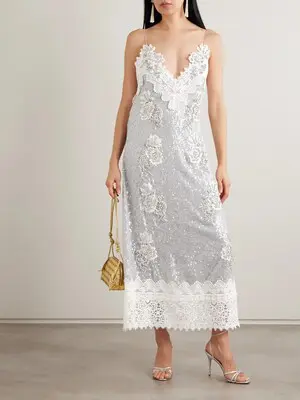 Erdem Embellished Lace-trimmed Sequined Georgette Midi Dress